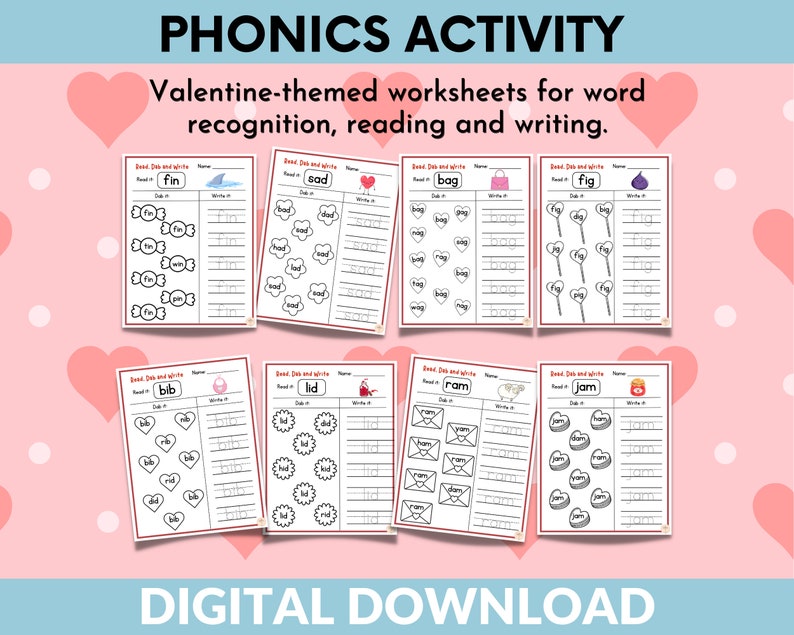 Phonics Valentines Worksheets Word Recognition, Reading & Writing ...