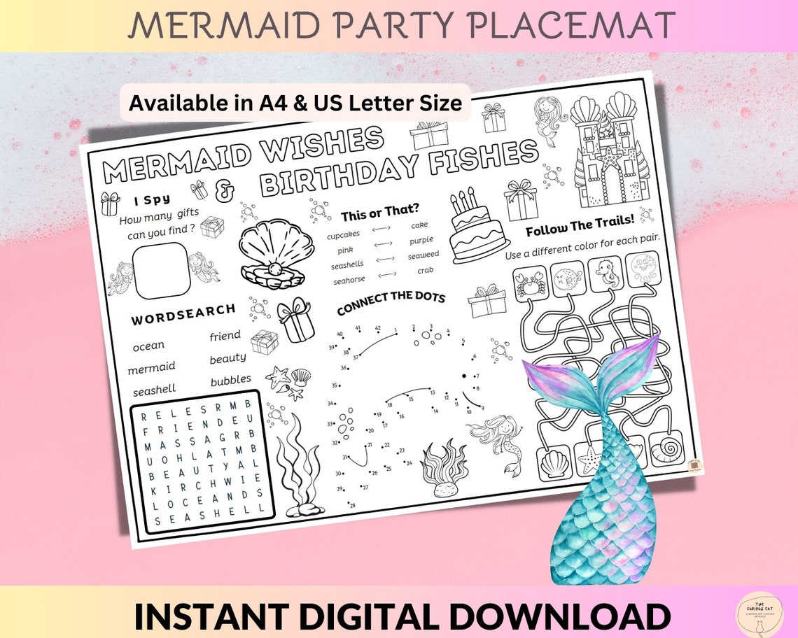 Mermaid Party Placemat for Kids, Coloring and Activity Mermaid Placemat ...