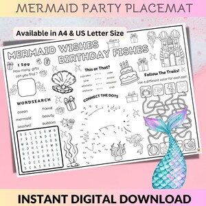 Mermaid Party Placemat for Kids, Coloring and Activity Mermaid Placemat ...
