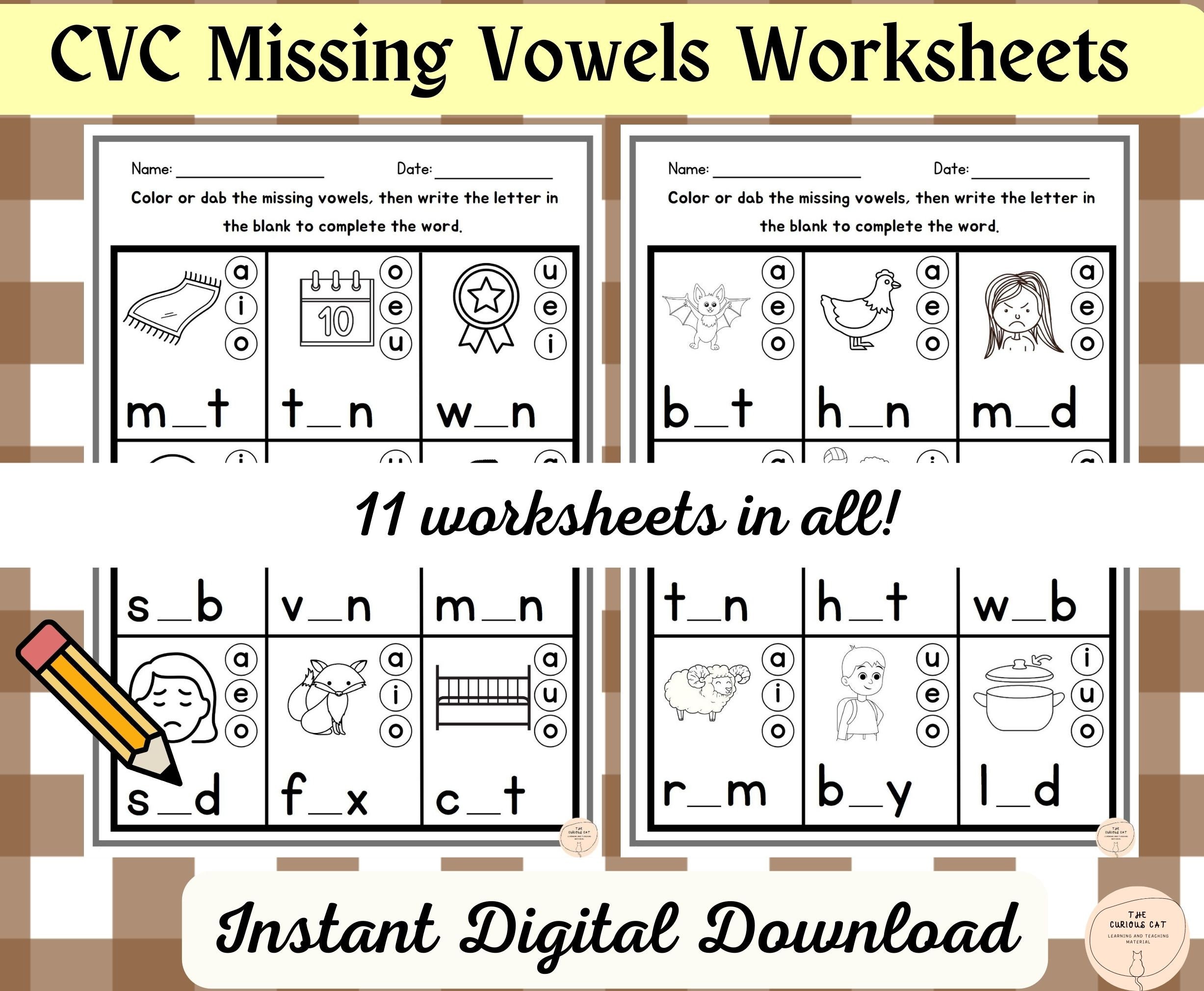 Kids Worksheets, CVC Missing Vowel, Emergent Readers Middle Sound Focus ...