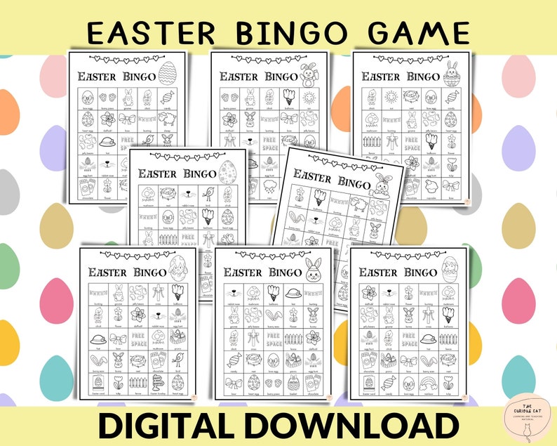30 Easter Bingo Cards, Outline, Black & White Printable Classroom Game ...