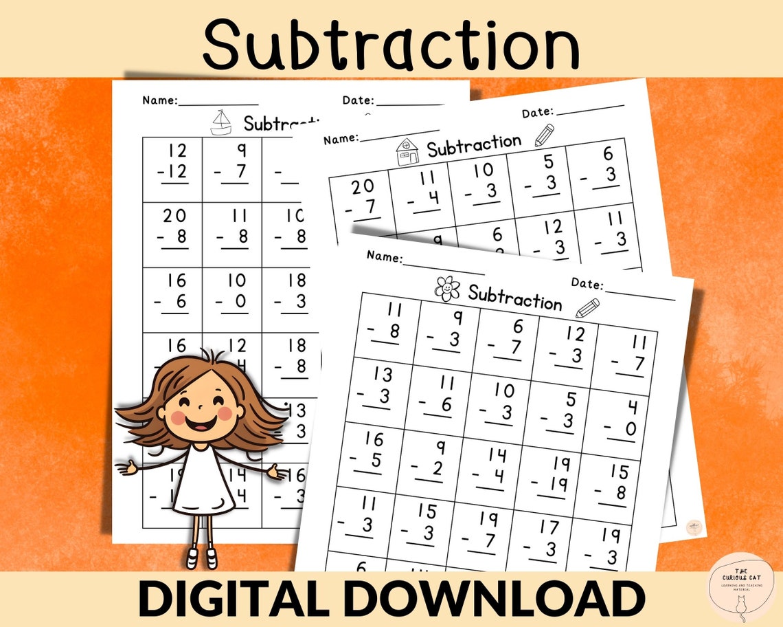 20 Printable Subtraction for Kindergarten 1st Grade 2nd Grade Math ...