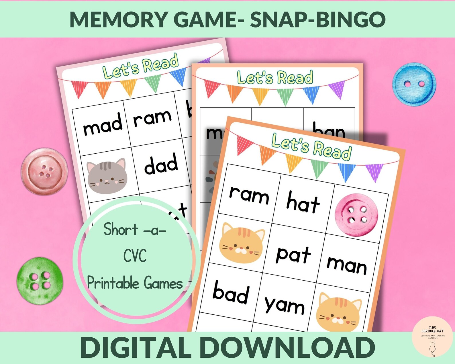 CVC Bingo and Card Games, Printable Bingo Cards and Games, Phonemic ...