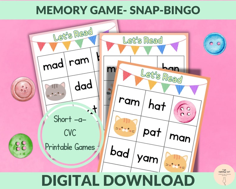 CVC Bingo and Card Games, Printable Bingo Cards and Games, Phonemic ...