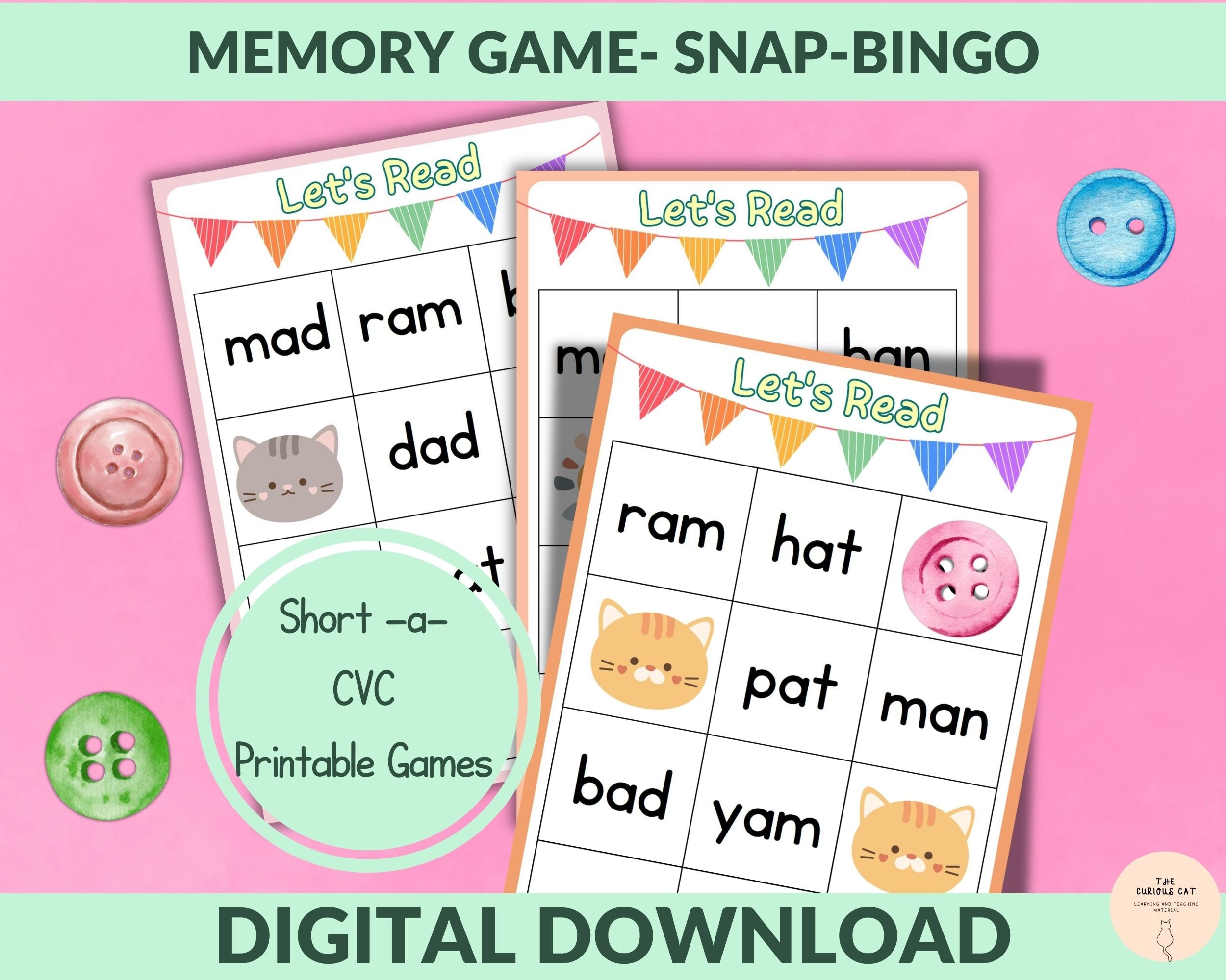 CVC Bingo and Card Games, Printable Bingo Cards and Games, Phonemic ...
