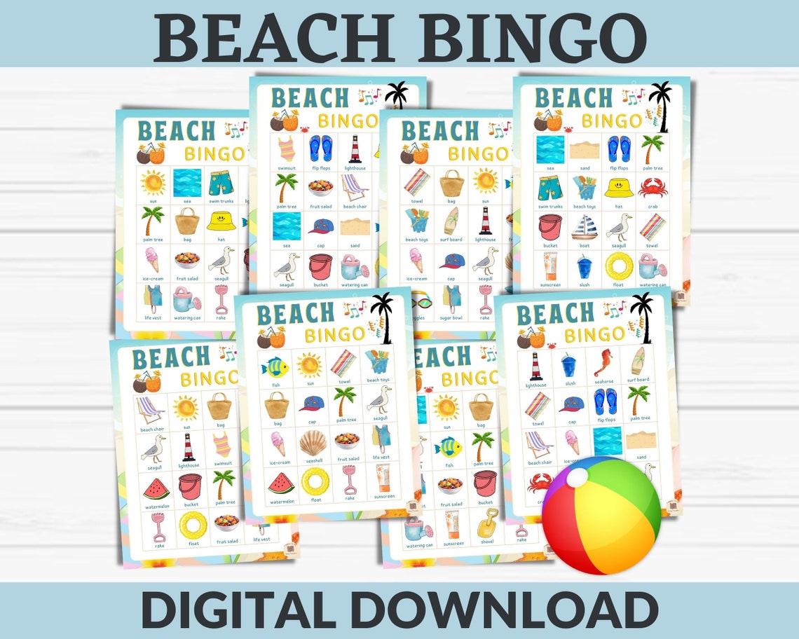 Printable Beach Bingo Game, Summer Bingo for Kids, Fun Beach Game ...