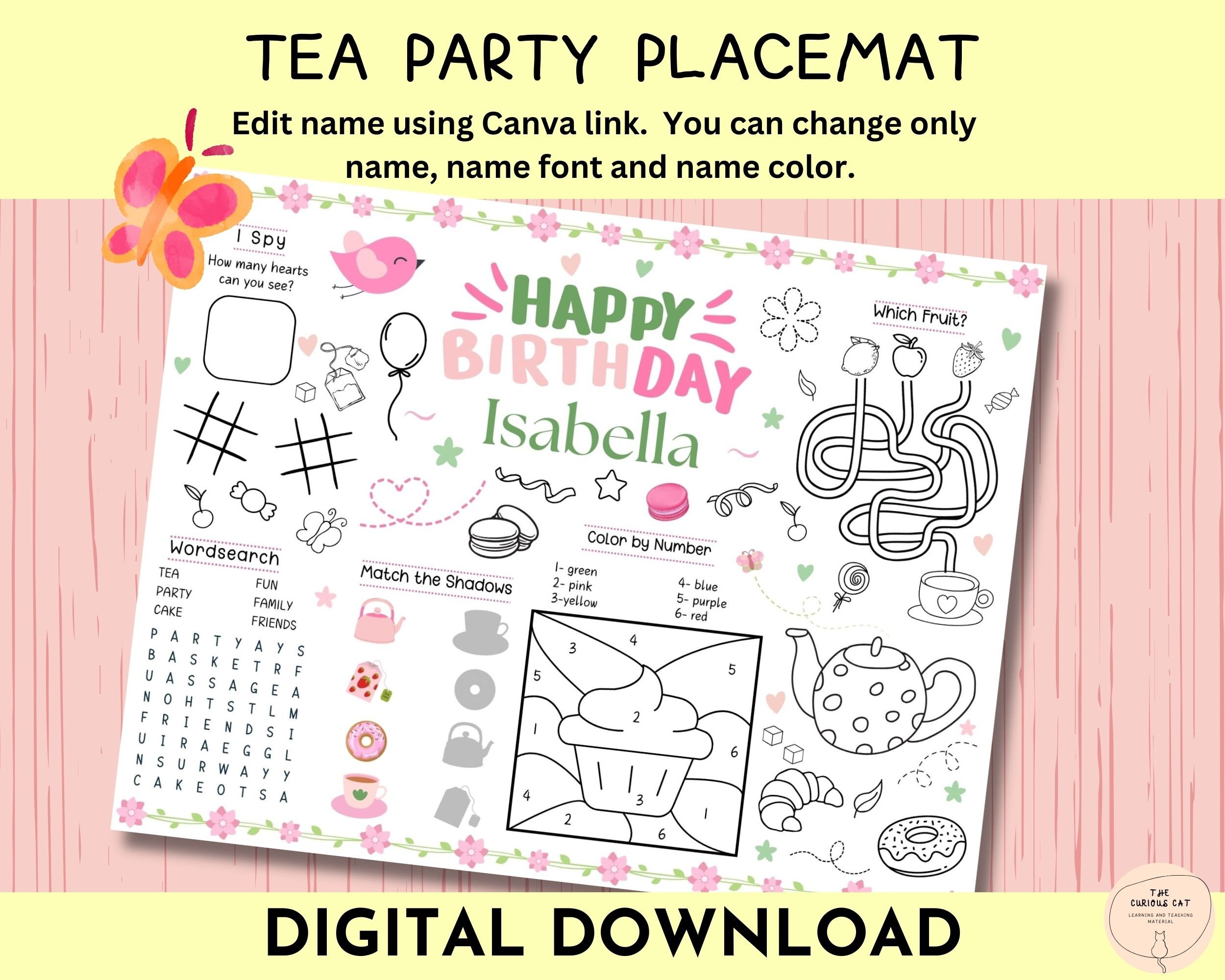 Editable Tea Party Placemat, Personalised Birthday Party Coloring Page ...