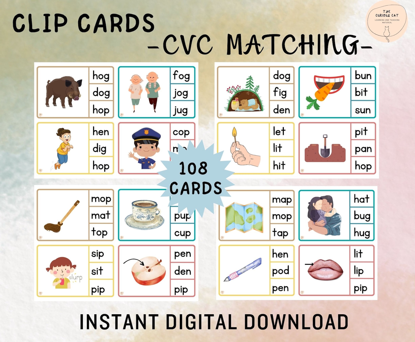 CVC Match and Clip Cards, CVC Pictures & Words, Early Reading, Phonics ...