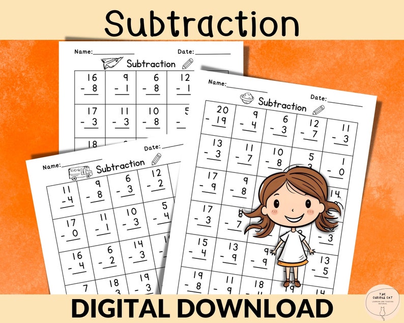 20 Printable Subtraction for Kindergarten 1st Grade 2nd Grade Math ...