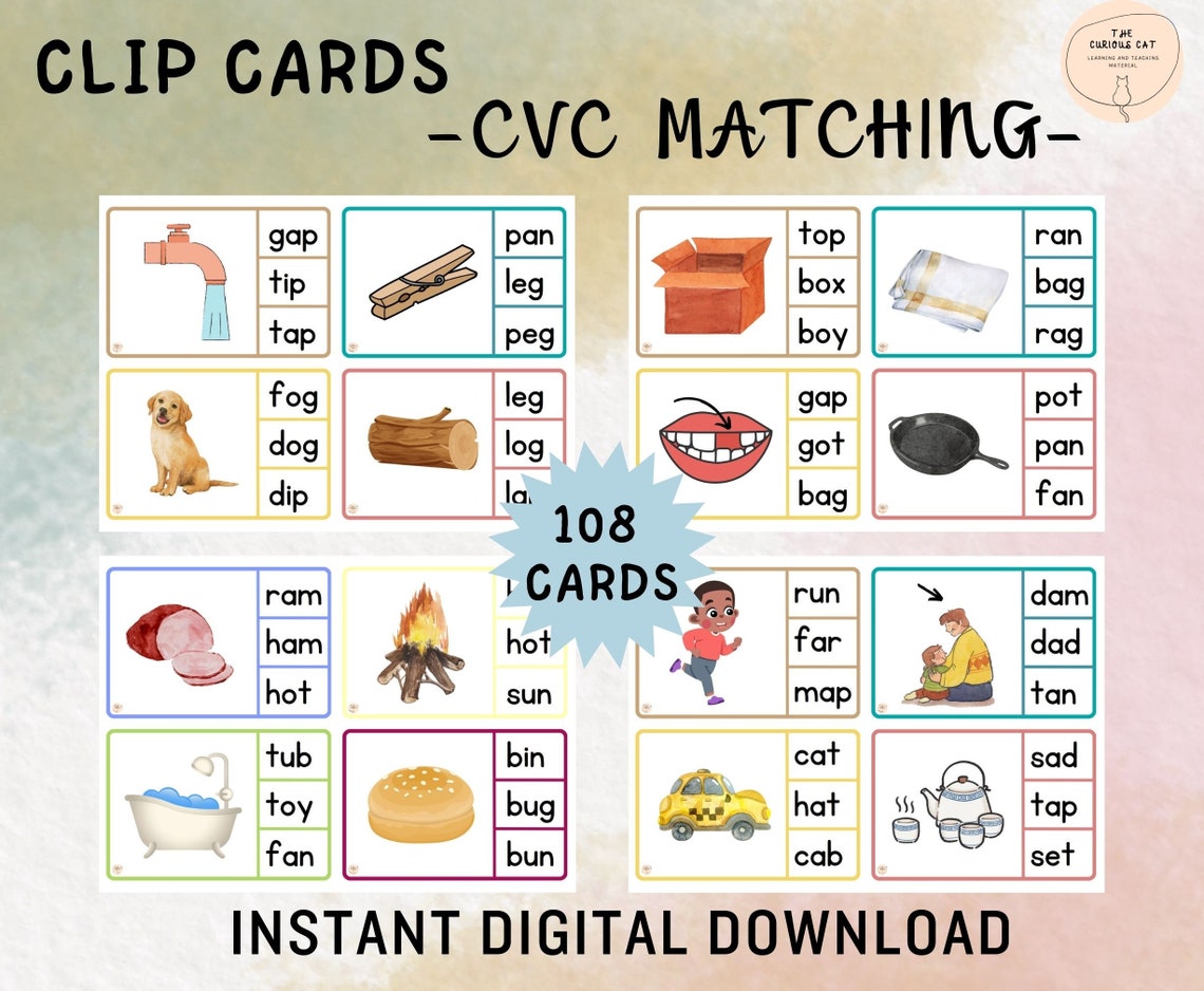 CVC Match and Clip Cards, CVC Pictures & Words, Early Reading, Phonics ...