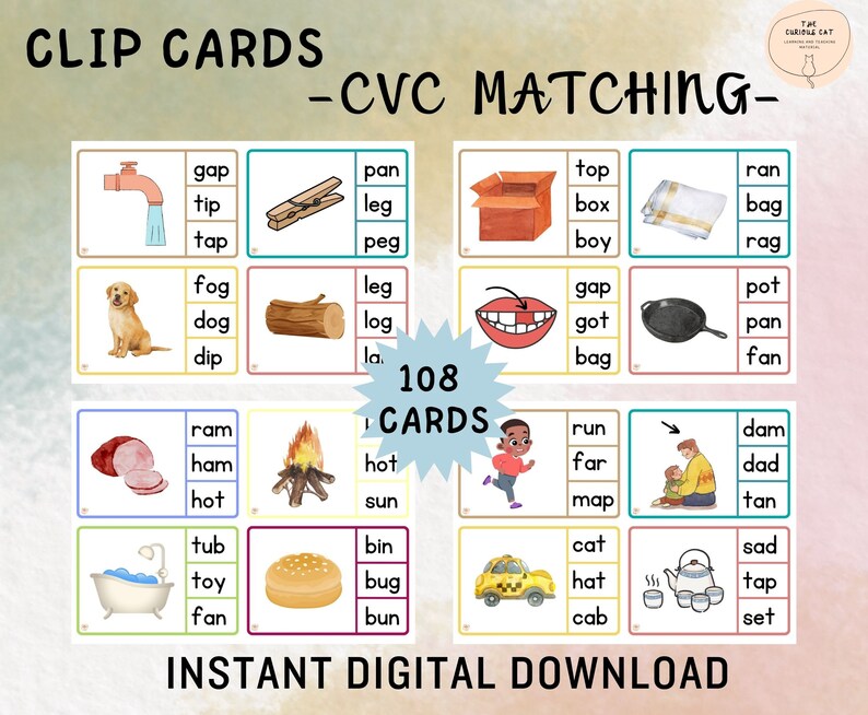 CVC Match and Clip Cards, CVC Pictures & Words, Early Reading, Phonics ...