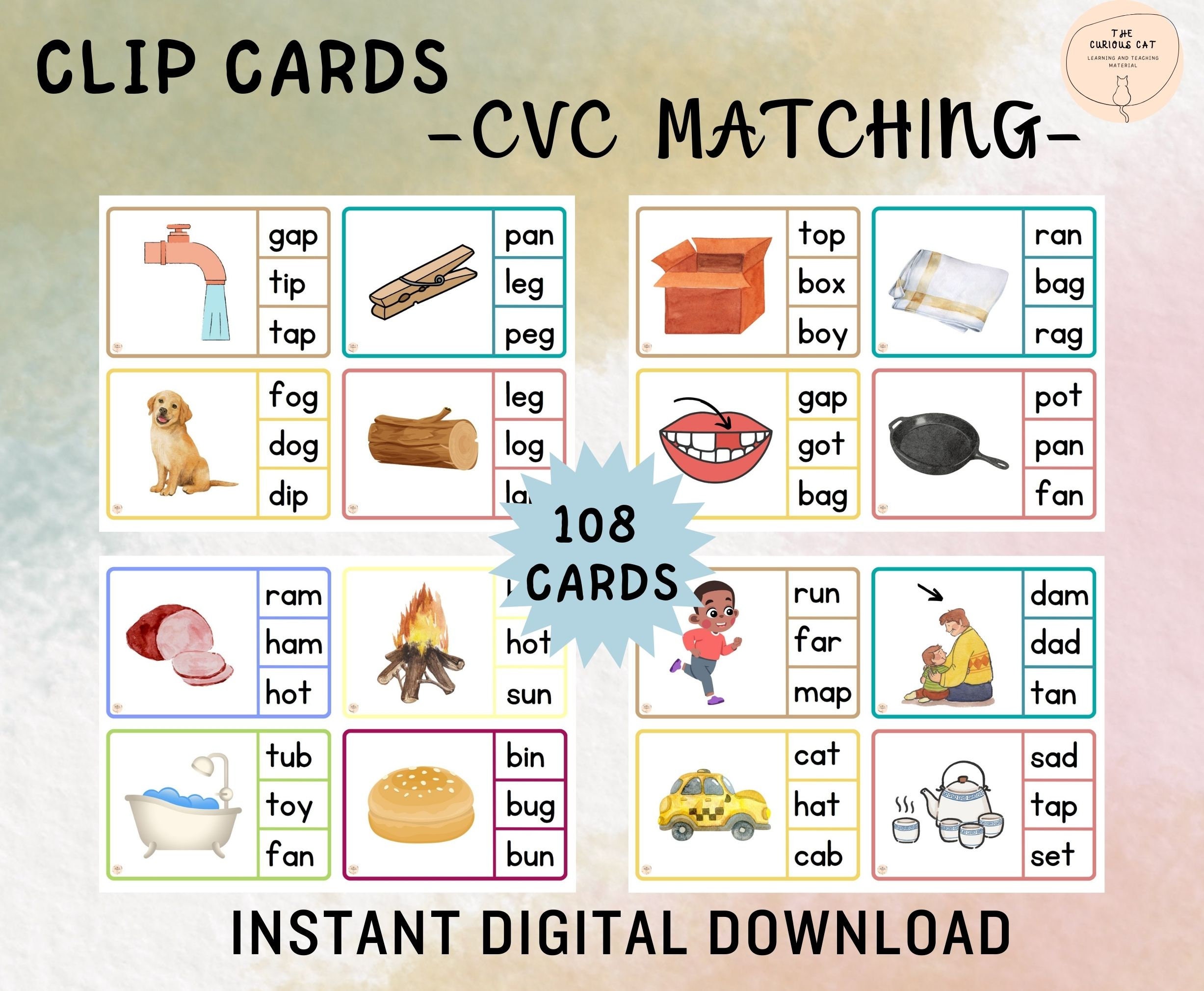 CVC Match and Clip Cards, CVC Pictures & Words, Early Reading, Phonics ...