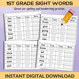 1st Grade Literacy Printable, Sight Words Reading and Spelling ...