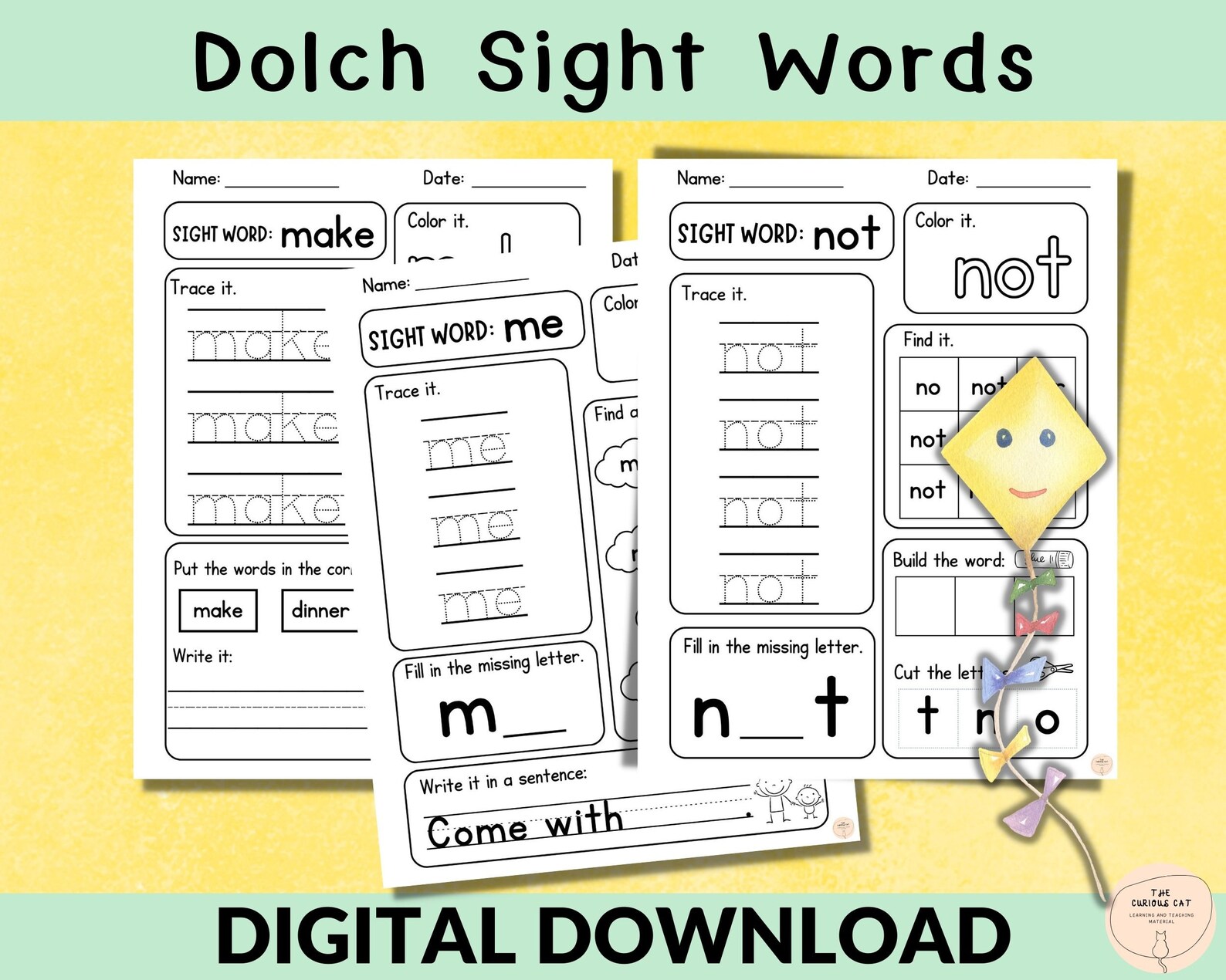 Kindergarten and Pre-k Sight Words Flashcards Worksheets and Checklists ...