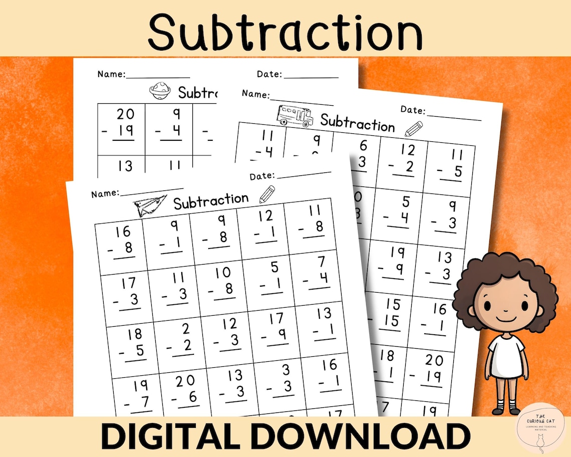 20 Printable Subtraction for Kindergarten 1st Grade 2nd Grade Math ...