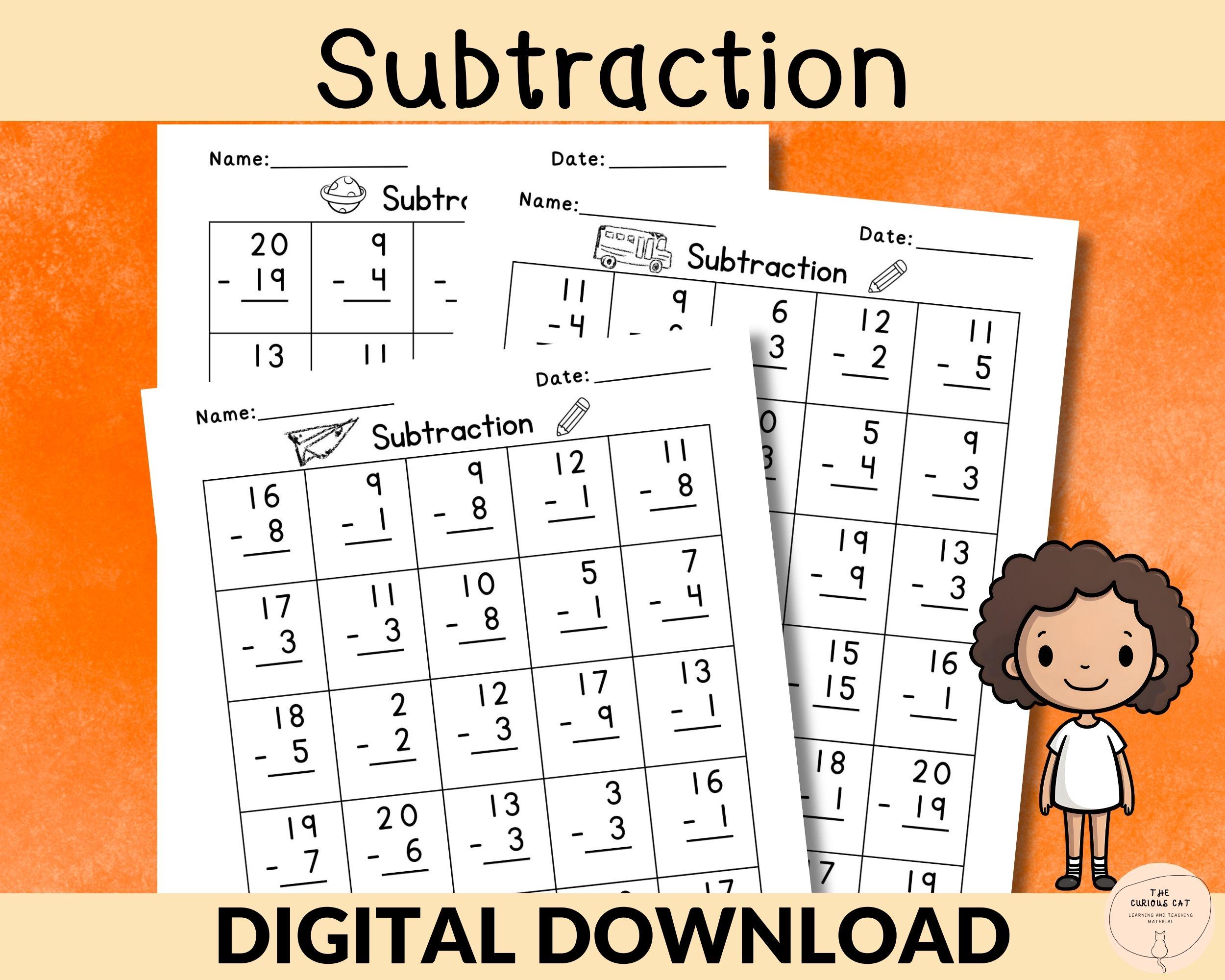 20 Printable Subtraction for Kindergarten 1st Grade 2nd Grade Math ...