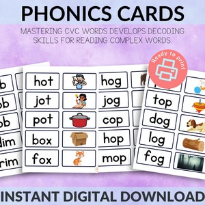 Phonics Words and Picture Cards | CVC Word Families Matching Flashcards ...