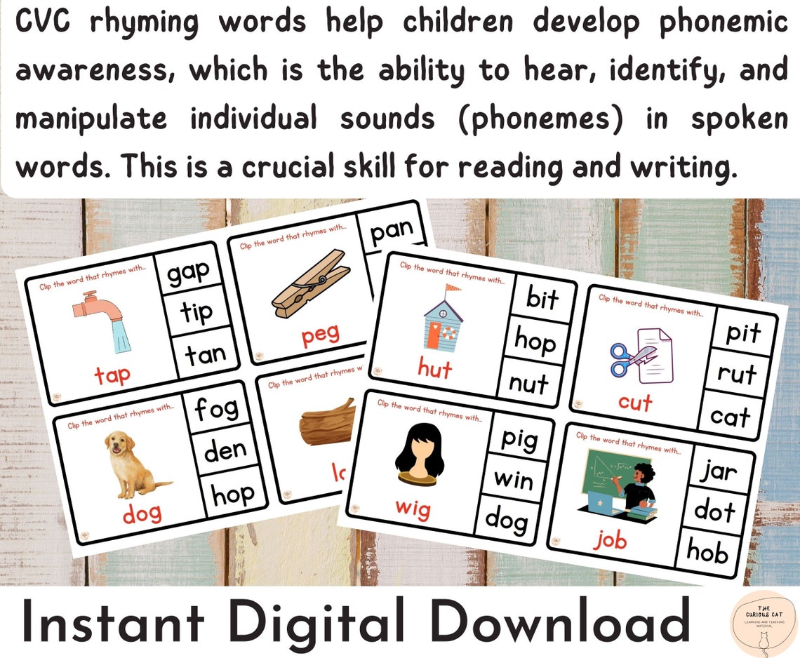 CVC Rhyming Words Activity, Word Families Rhyming Picture Cards, Early ...
