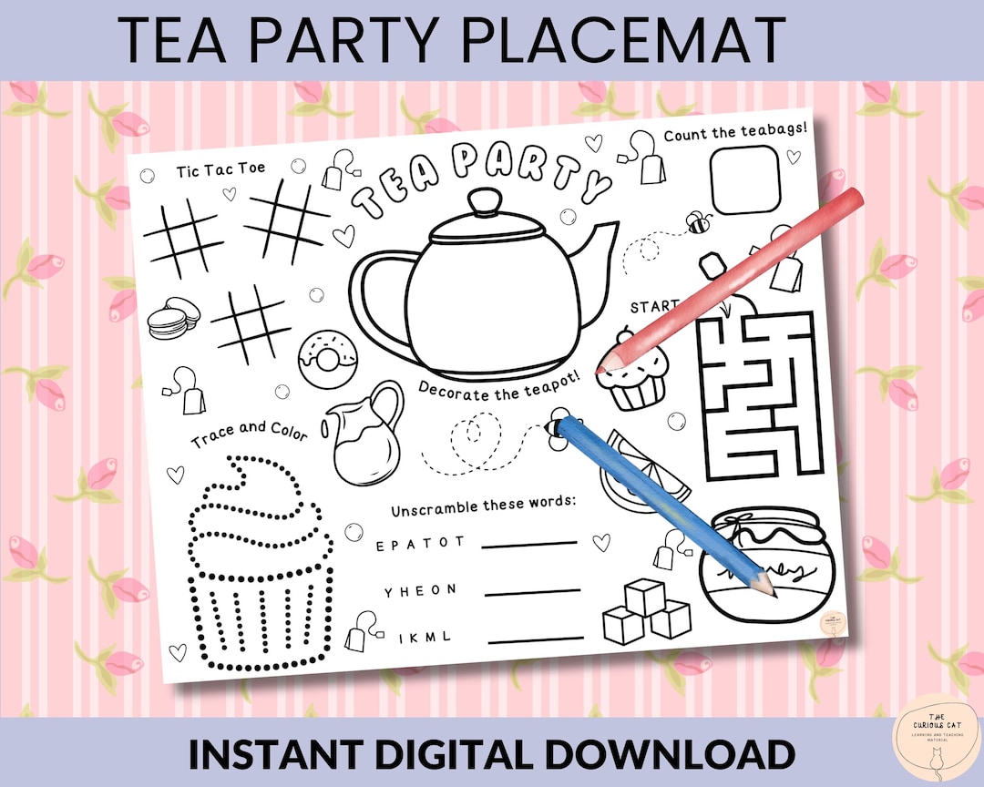 Kids Tea Party Activity & Coloring Placemat, Children's Birthday ...