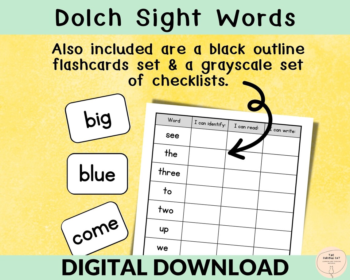 Kindergarten and Pre-k Sight Words Flashcards Worksheets and Checklists ...