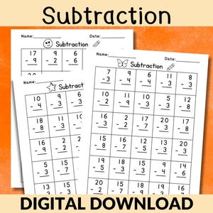 20 Printable Subtraction for Kindergarten 1st Grade 2nd Grade Math ...