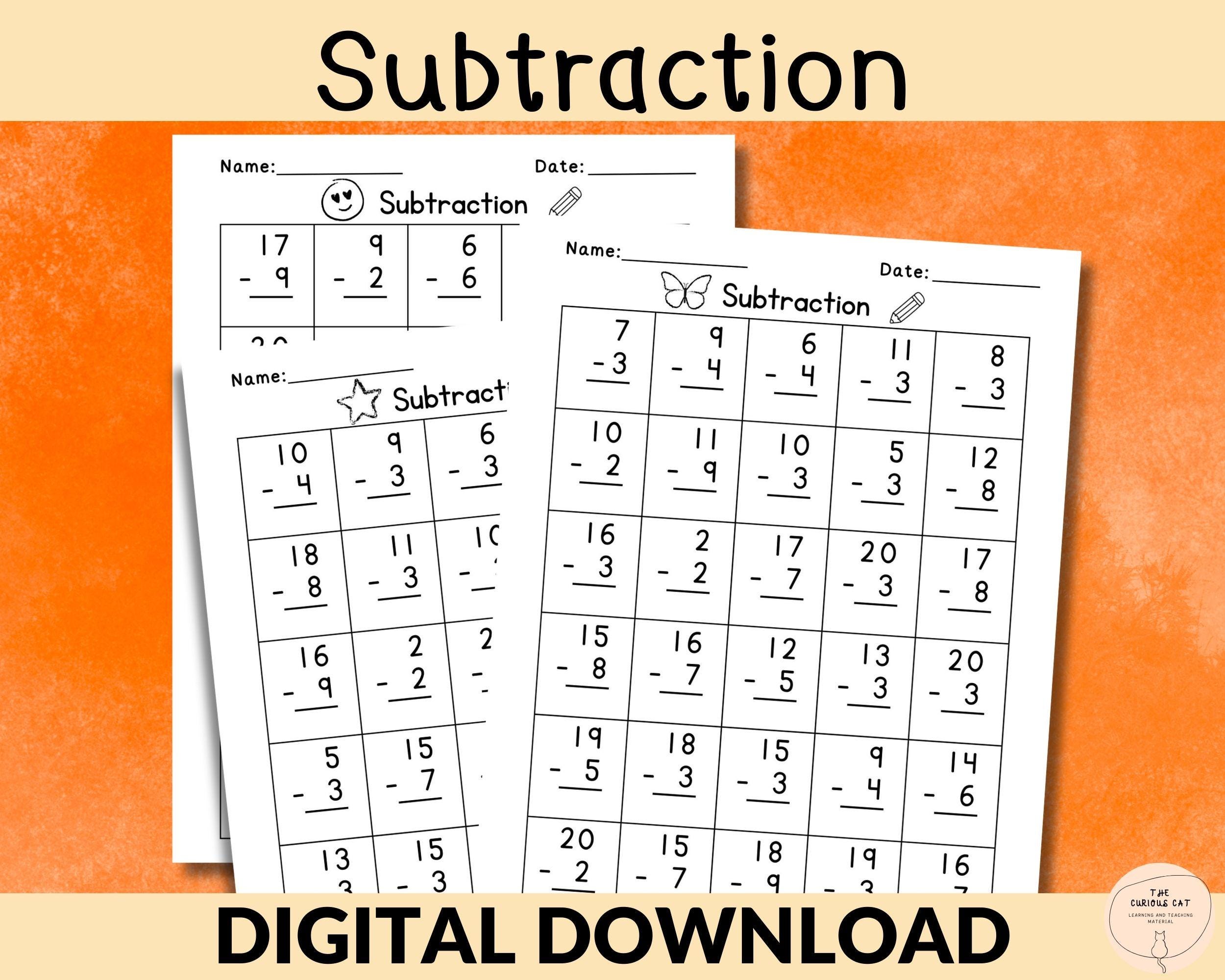 20 Printable Subtraction for Kindergarten 1st Grade 2nd Grade Math ...