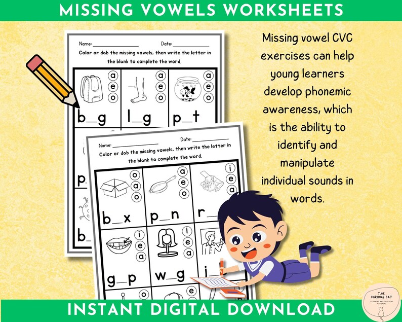 Phonics Worksheets, CVC Missing Vowel, Emergent Readers Middle Sound ...