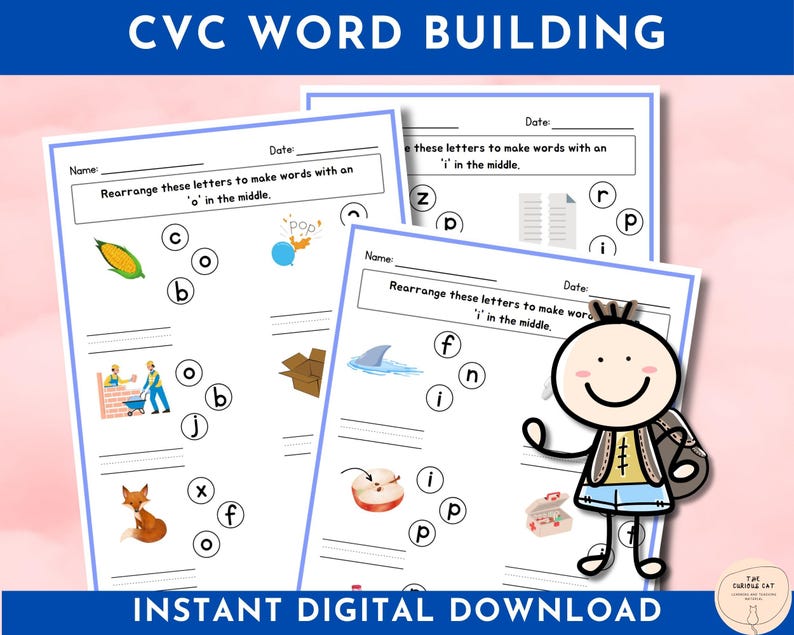 CVC Word Building Printable, Emergent Readers Middle Sound Phonics ...