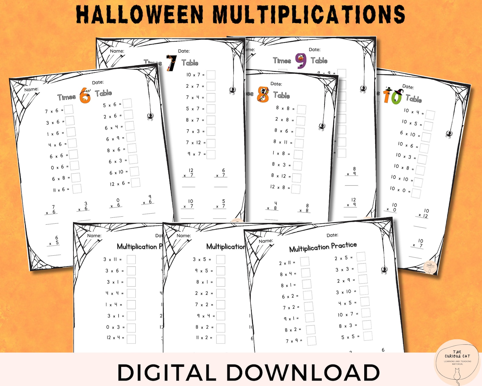 60 Maths Multiplication Practice Worksheets, Halloween Printables ...