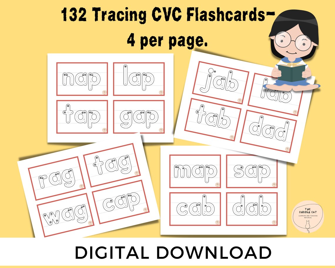 Phonics Tracing Flashcards, CVC Word Families Reading, Writing and ...
