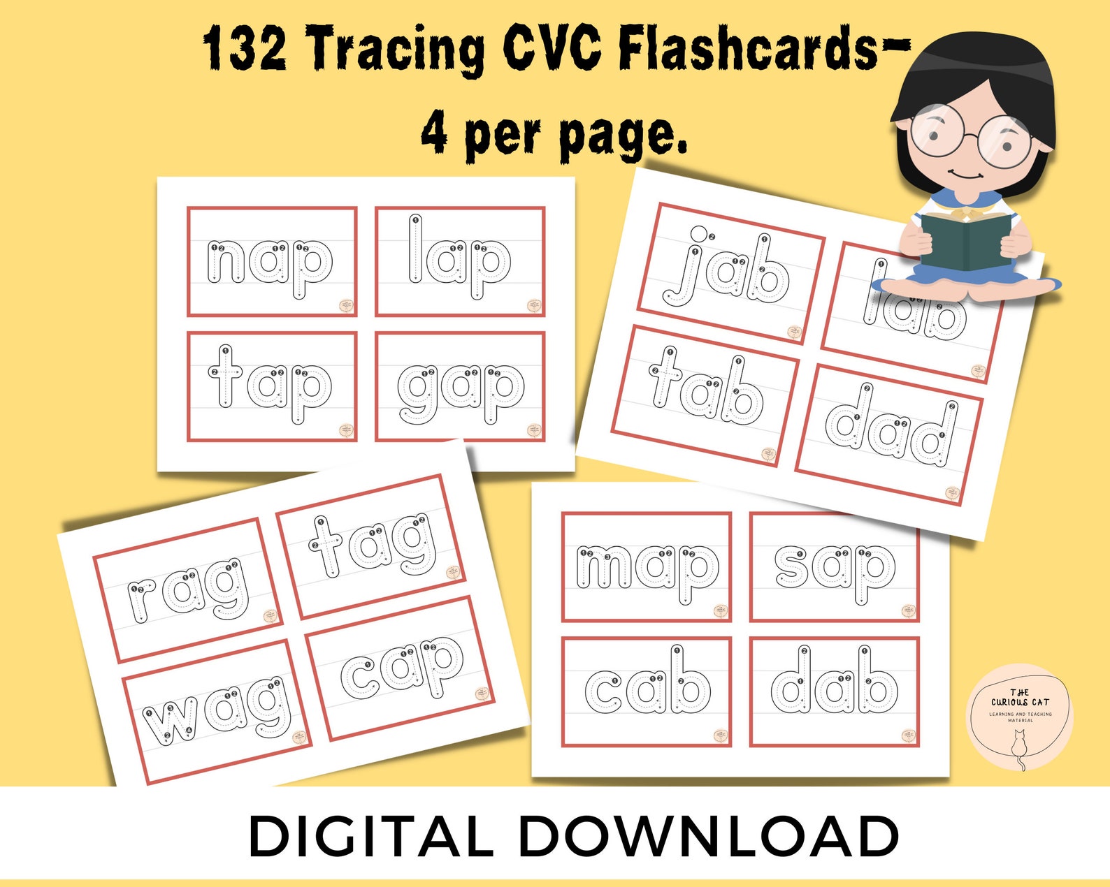 Phonics Tracing Flashcards, CVC Word Families Reading, Writing and ...