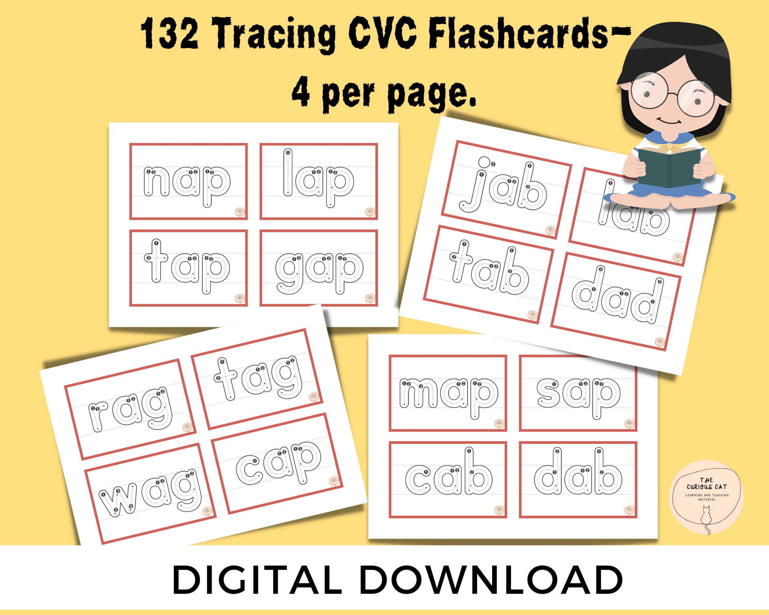Phonics Tracing Flashcards, CVC Word Families Reading, Writing and ...