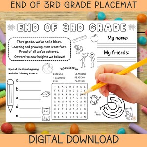 3rd Grade Graduation Placemat, End of Grade 3, Activity Placemat for ...
