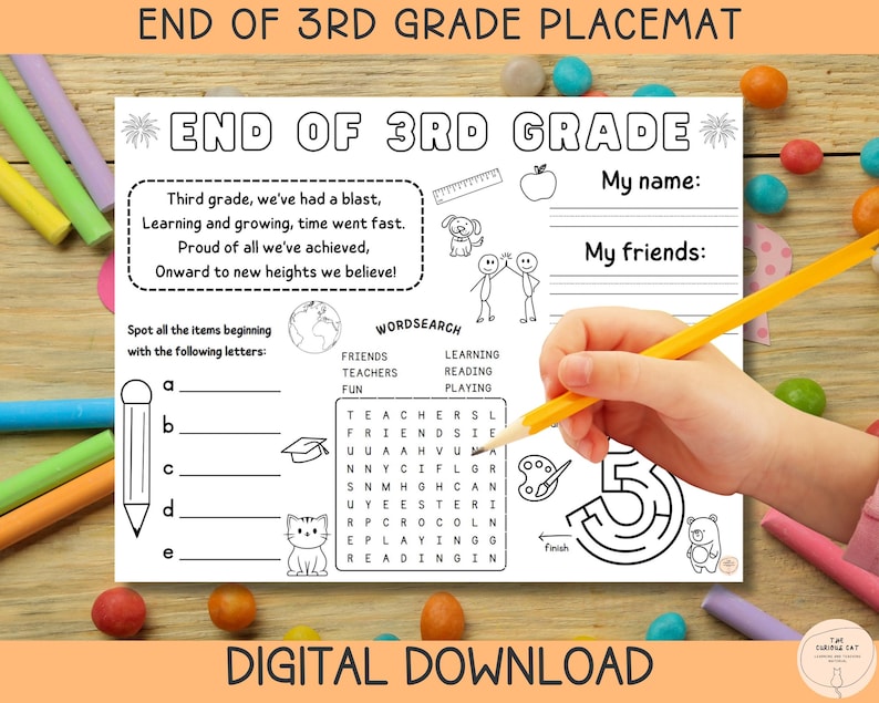 3rd Grade Graduation Placemat, End of Grade 3, Activity Placemat for ...