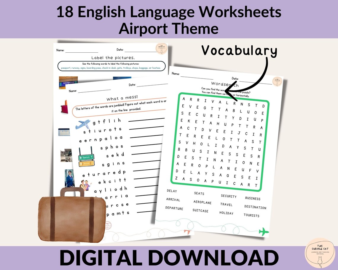 English Language Worksheets, 'at the Airport' Theme Worksheets, 3rd ...