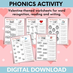 Phonics Valentines Worksheets; Word Recognition, Reading & Writing ...