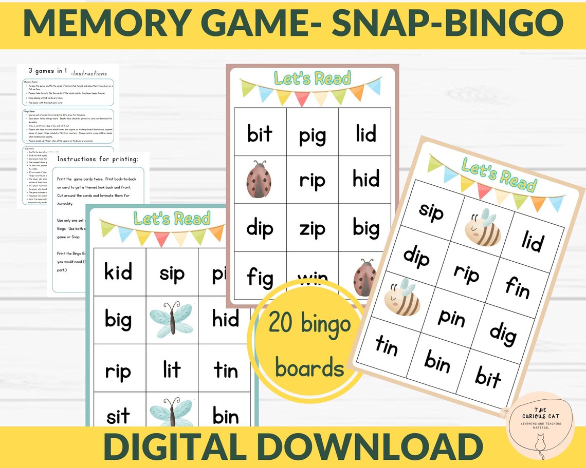 CVC Bingo and Card Games, Printable Bingo Cards and Games, Phonemic ...