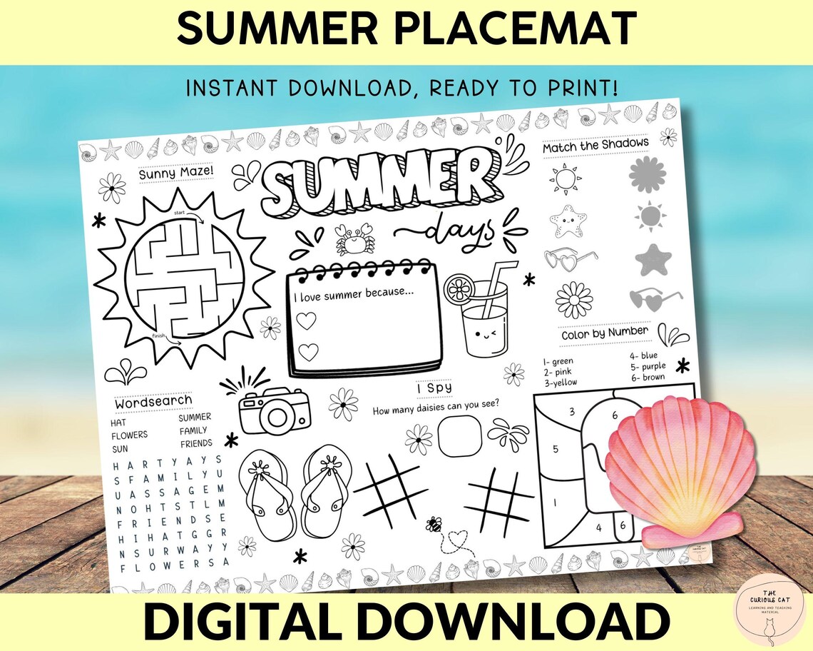 Summer Activity Printable Placemat, Summer Party Coloring Page for Kids ...