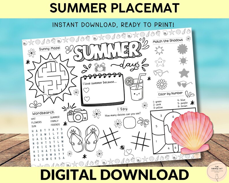 Summer Activity Printable Placemat, Summer Party Coloring Page for Kids ...