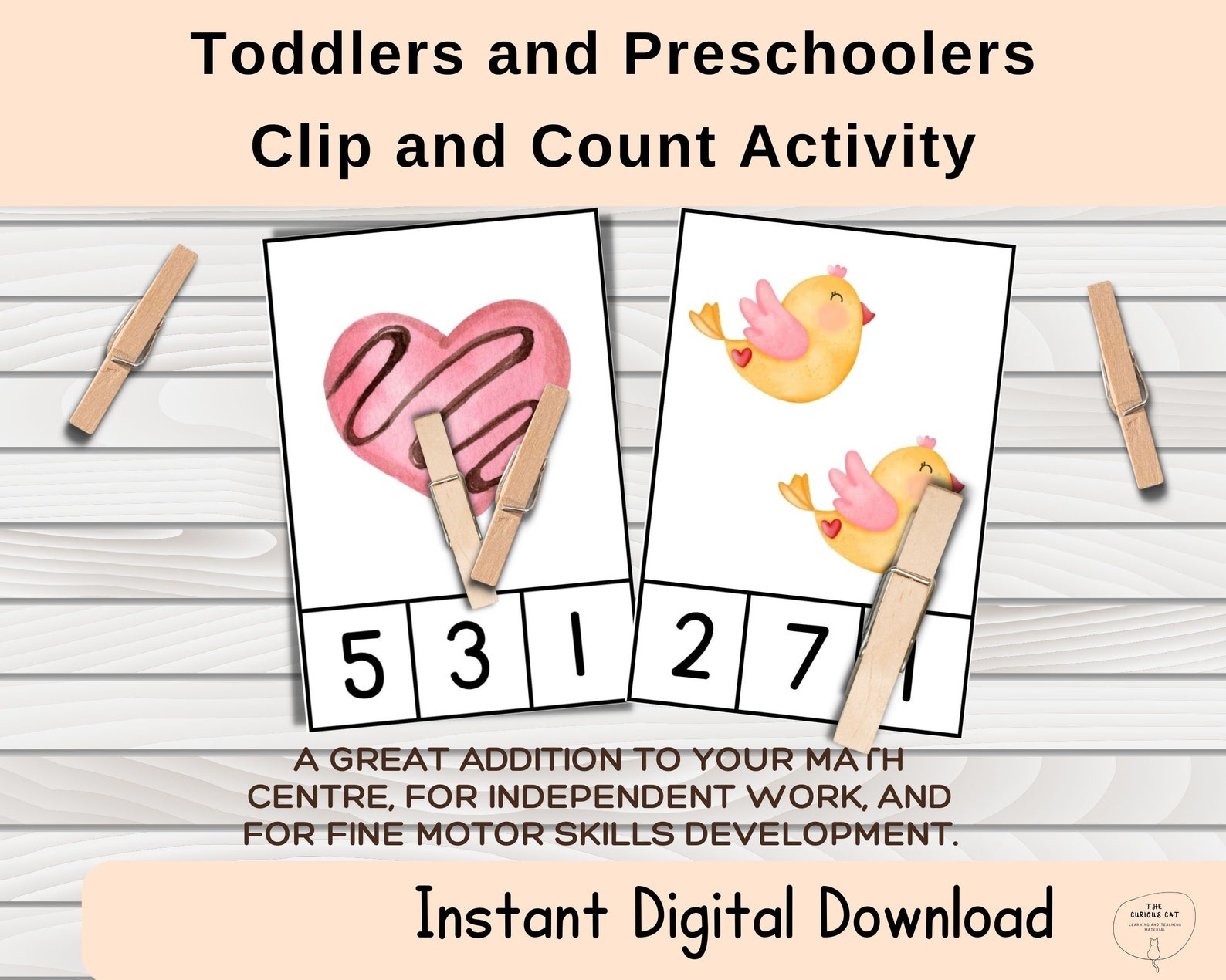 Valentine's Day Count & Clip Cards Toddler Activity Preschool Printable ...