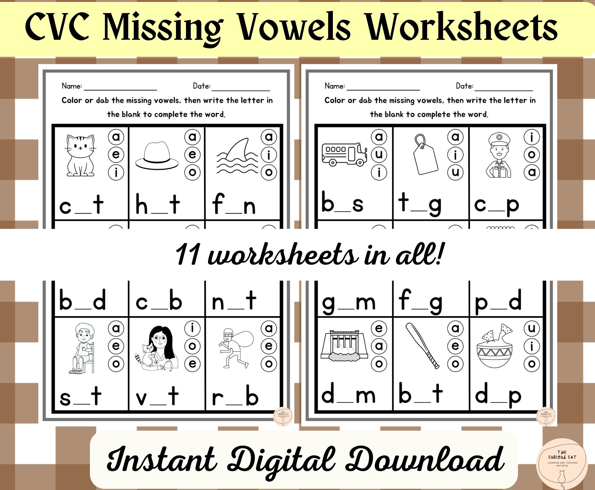 Kids Worksheets, CVC Missing Vowel, Emergent Readers Middle Sound Focus ...