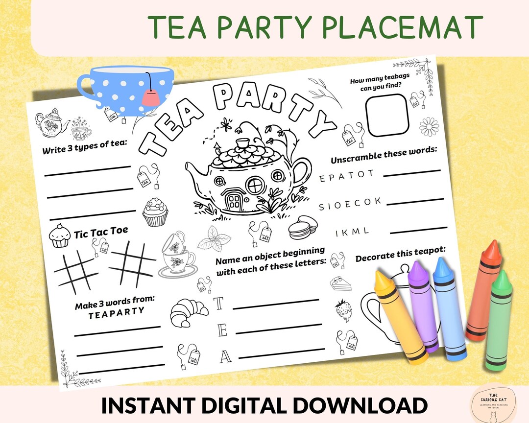 Kids Tea Party Activity & Coloring Placemat, Children's Birthday ...