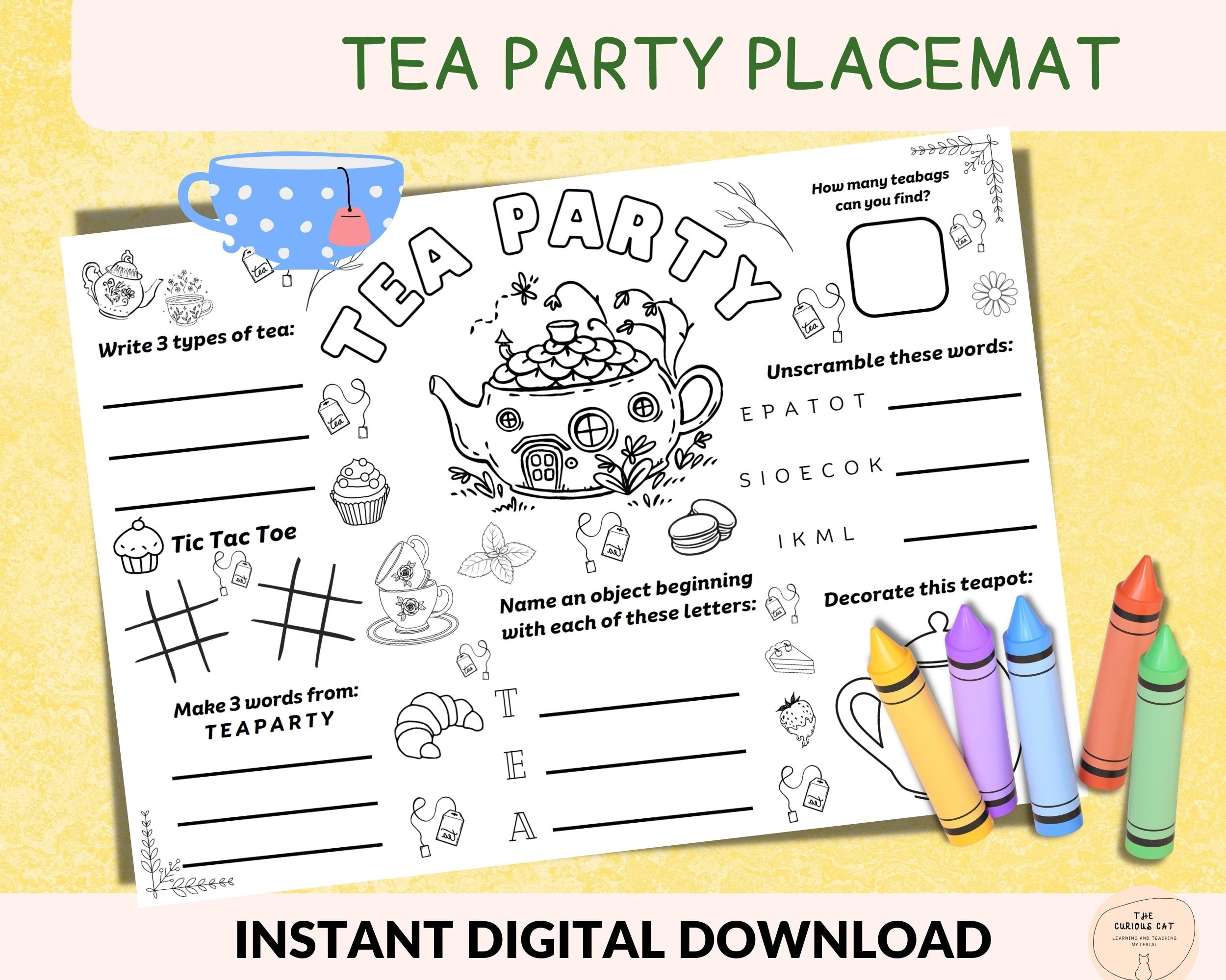Kids Tea Party Activity & Coloring Placemat, Children's Birthday ...