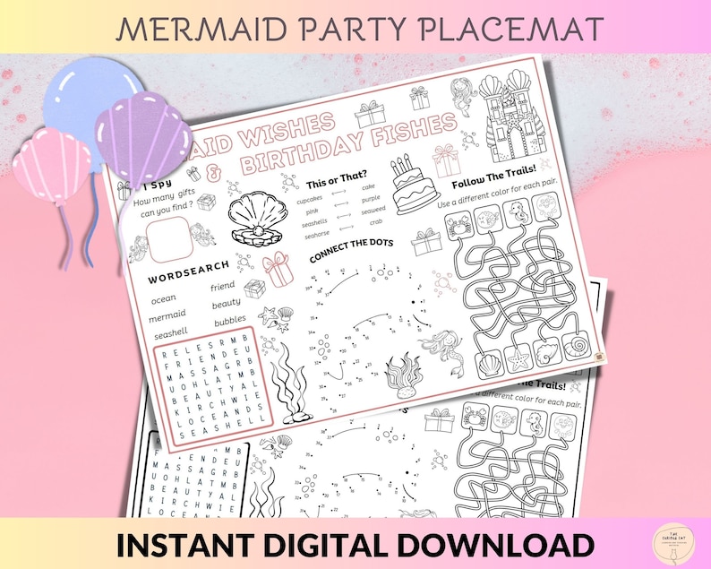 Mermaid Party Placemat for Kids, Coloring and Activity Mermaid Placemat ...
