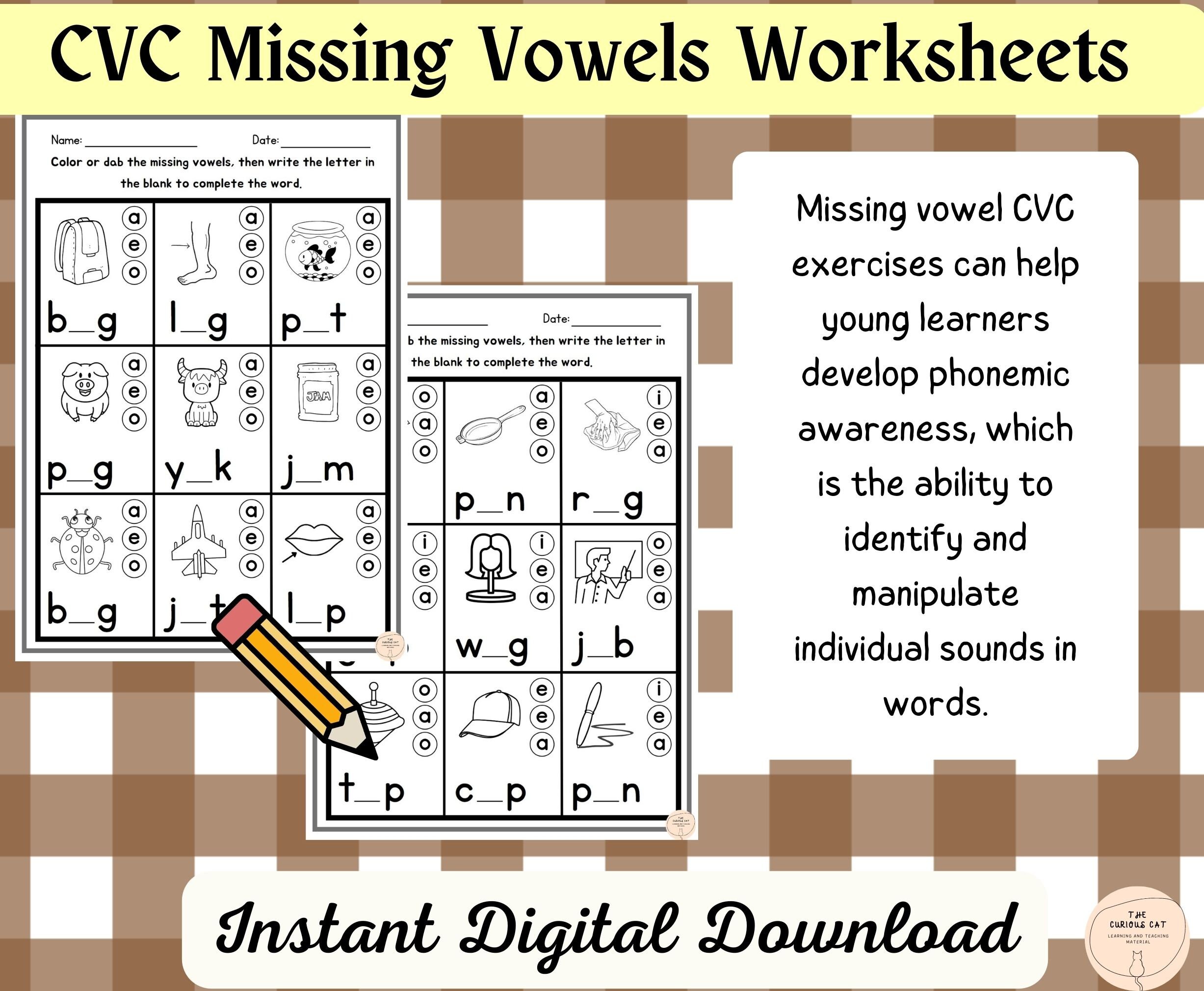 Kids Worksheets, CVC Missing Vowel, Emergent Readers Middle Sound Focus ...