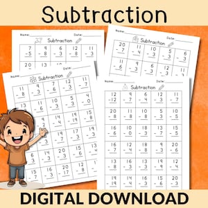 20 Printable Subtraction for Kindergarten 1st Grade 2nd Grade Math ...