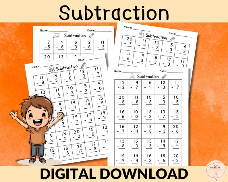 20 Printable Subtraction for Kindergarten 1st Grade 2nd Grade Math ...