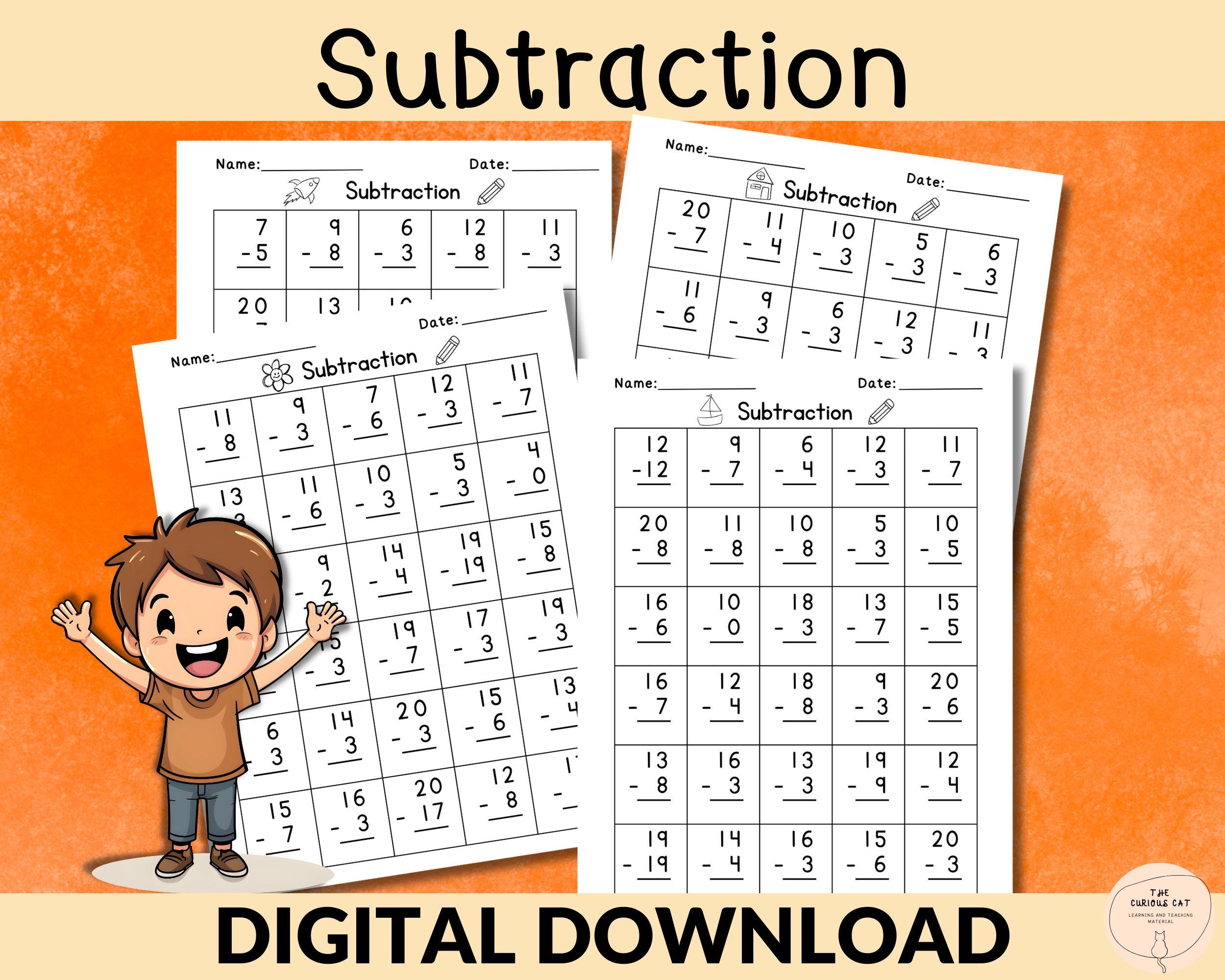 20 Printable Subtraction for Kindergarten 1st Grade 2nd Grade Math ...
