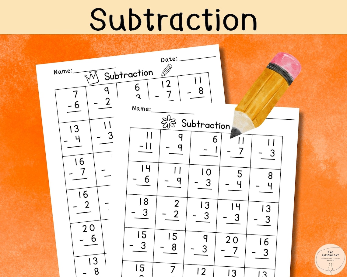20 Printable Subtraction for Kindergarten 1st Grade 2nd Grade Math ...