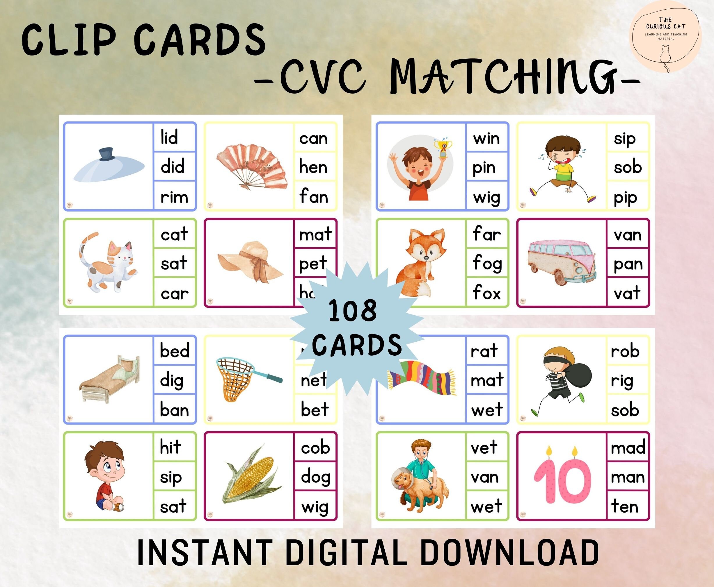 CVC Match and Clip Cards, CVC Pictures & Words, Early Reading, Phonics ...